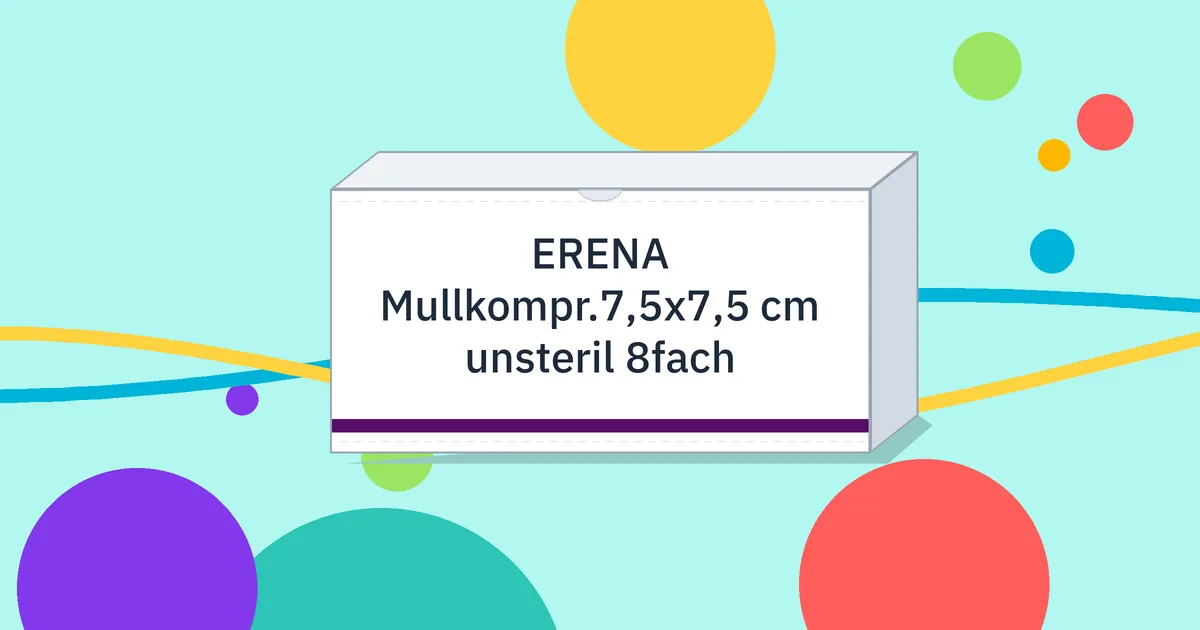 Symbolbild: Packung mit der Aufschrift ERENA Mullkompr.7,5x7,5 cm unsteril 8fach (PZN 03305409) – Verfügbarkeit und Bezug in Apotheken in Frankfurt am Main