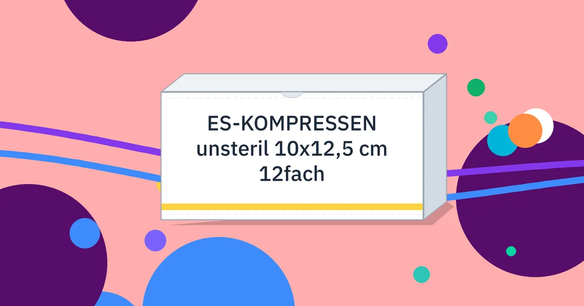 Symbolbild: Packung mit der Aufschrift ES-KOMPRESSEN unsteril 10x12,5 cm 12fach (PZN 18715550) – Verfügbarkeit und Bezug in Apotheken in Frankfurt am Main