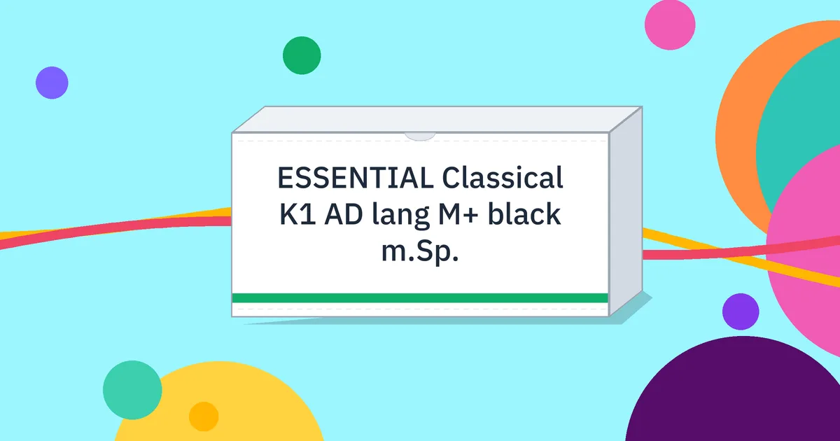 Symbolbild: Packung mit der Aufschrift ESSENTIAL Classical K1 AD lang M+ black m.Sp. (PZN 17000145) – Verfügbarkeit und Bezug in Apotheken in Frankfurt am Main