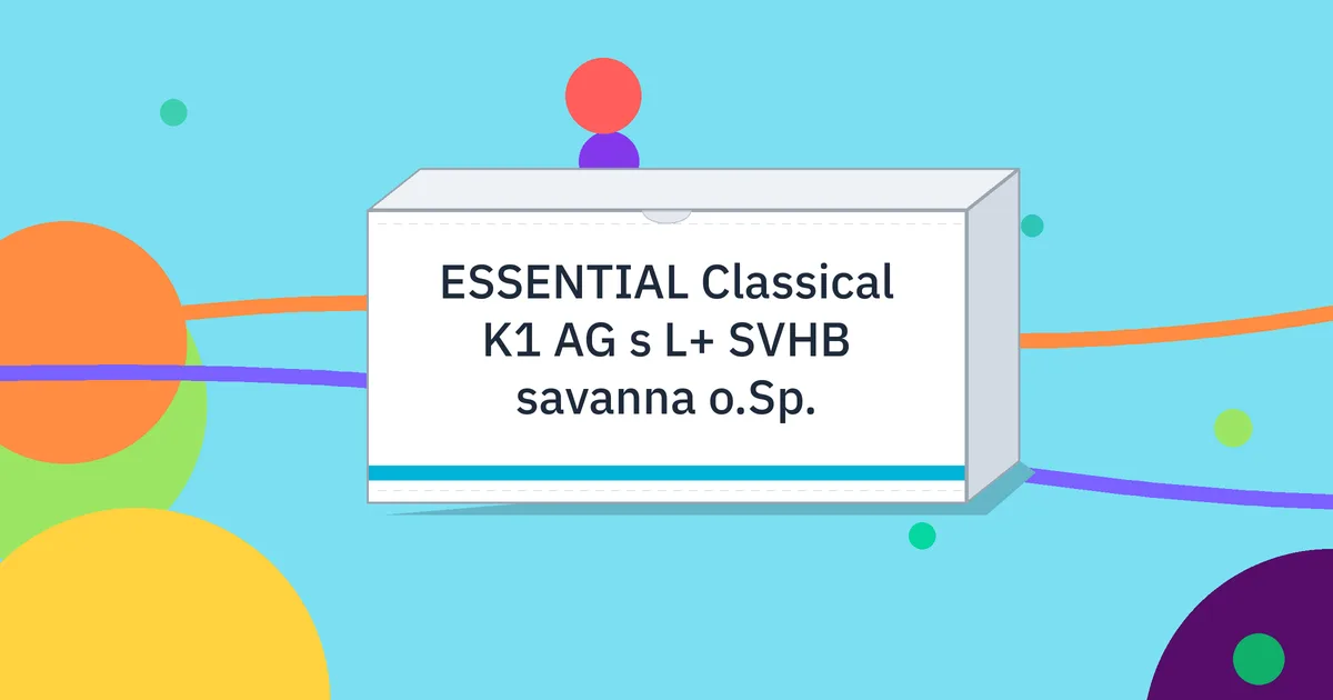 Symbolbild: Packung mit der Aufschrift ESSENTIAL Classical K1 AG s L+ SVHB savanna o.Sp. (PZN 18420441) – Verfügbarkeit und Bezug in Apotheken in Frankfurt am Main