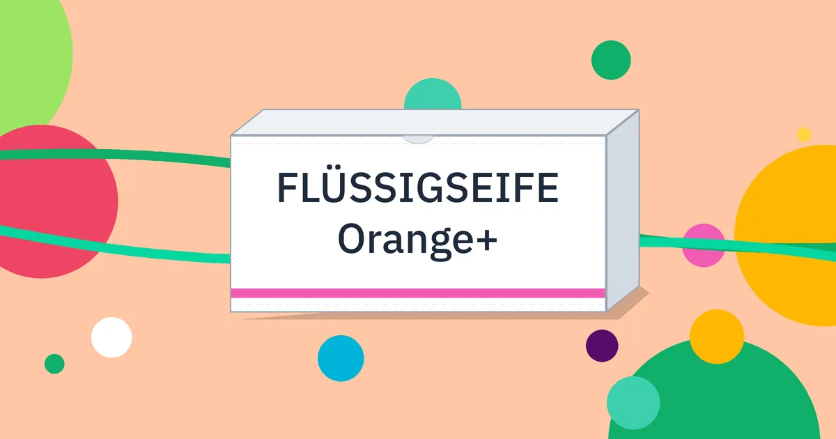 Symbolbild: Packung mit der Aufschrift FLÜSSIGSEIFE Orange+ (PZN 17428268) – Verfügbarkeit und Bezug in Apotheken in Frankfurt am Main