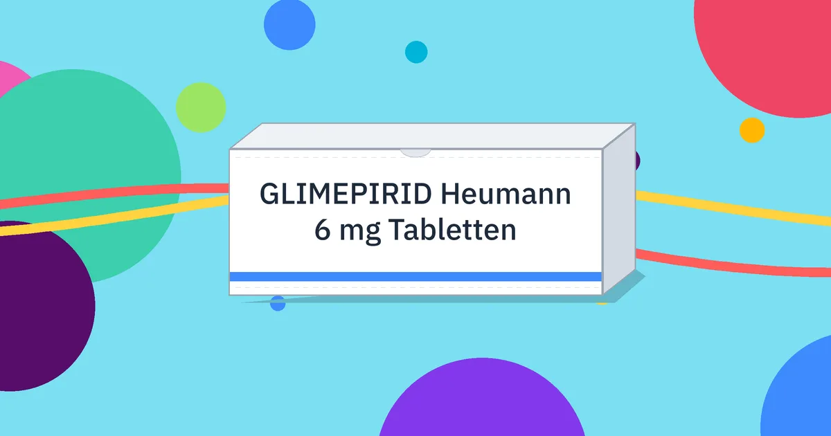Symbolbild: Packung mit der Aufschrift GLIMEPIRID Heumann 6 mg Tabletten (PZN 02494963) – Verfügbarkeit und Bezug in Apotheken in Frankfurt am Main
