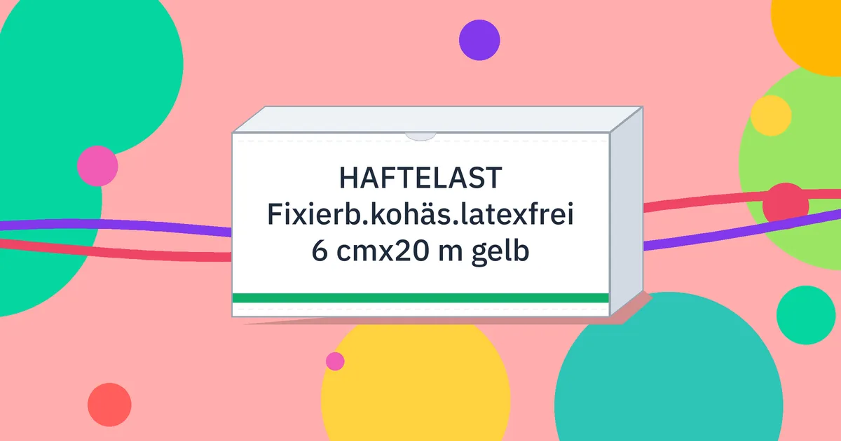 Symbolbild: Packung mit der Aufschrift HAFTELAST Fixierb.kohäs.latexfrei 6 cmx20 m gelb (PZN 11382513) – Verfügbarkeit und Bezug in Apotheken in Frankfurt am Main