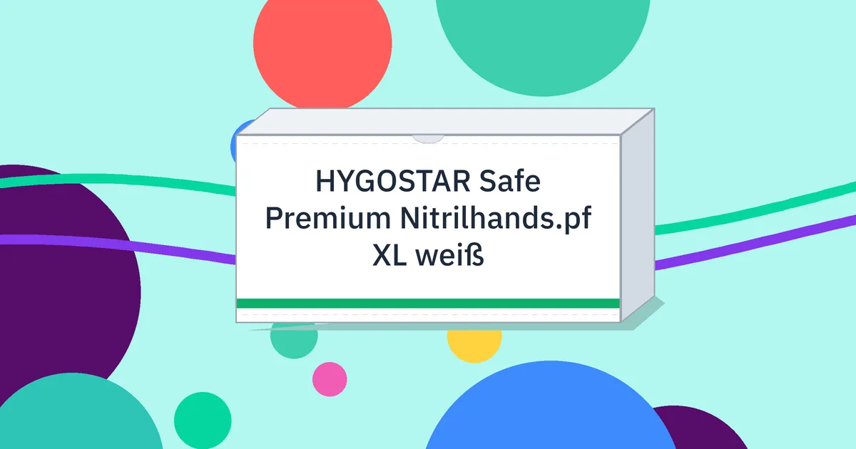 Symbolbild: Packung mit der Aufschrift HYGOSTAR Safe Premium Nitrilhands.pf XL weiß (PZN 20772532) – Verfügbarkeit und Bezug in Apotheken in Frankfurt am Main