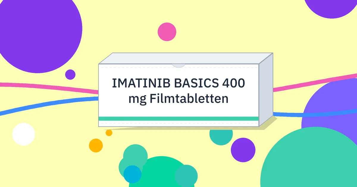 Symbolbild: Packung mit der Aufschrift IMATINIB BASICS 400 mg Filmtabletten (PZN 11653030) – Verfügbarkeit und Bezug in Apotheken in Frankfurt am Main