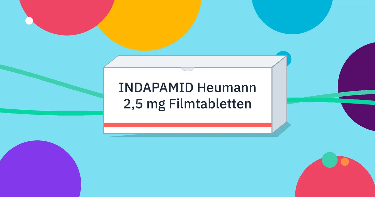 Symbolbild: Packung mit der Aufschrift INDAPAMID Heumann 2,5 mg Filmtabletten (PZN 09281727) – Verfügbarkeit und Bezug in Apotheken in Frankfurt am Main