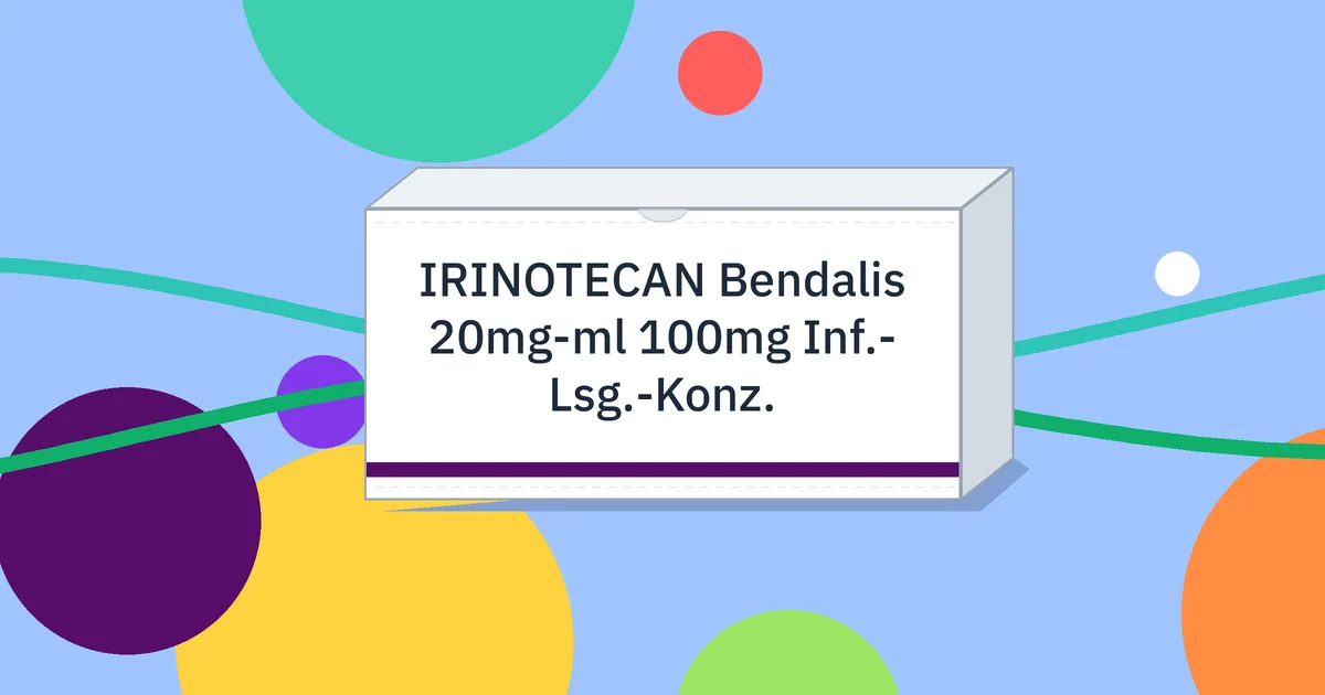 Symbolbild: Packung mit der Aufschrift IRINOTECAN Bendalis 20mg-ml 100mg Inf.-Lsg.-Konz. (PZN 09203012) – Verfügbarkeit und Bezug in Apotheken in Frankfurt am Main