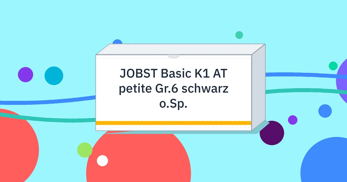 Symbolbild: Packung mit der Aufschrift JOBST Basic K1 AT petite Gr.6 schwarz o.Sp. (PZN 15310143) – Verfügbarkeit und Bezug in Apotheken in Frankfurt am Main