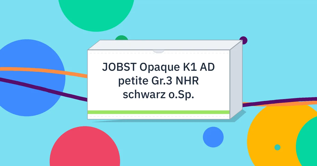 Symbolbild: Packung mit der Aufschrift JOBST Opaque K1 AD petite Gr.3 NHR schwarz o.Sp. (PZN 13080213) – Verfügbarkeit und Bezug in Apotheken in Frankfurt am Main