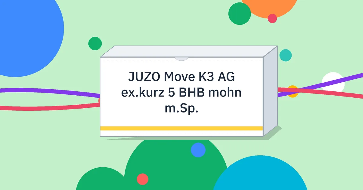 Symbolbild: Packung mit der Aufschrift JUZO Move K3 AG ex.kurz 5 BHB mohn m.Sp. (PZN 18595488) – Verfügbarkeit und Bezug in Apotheken in Frankfurt am Main