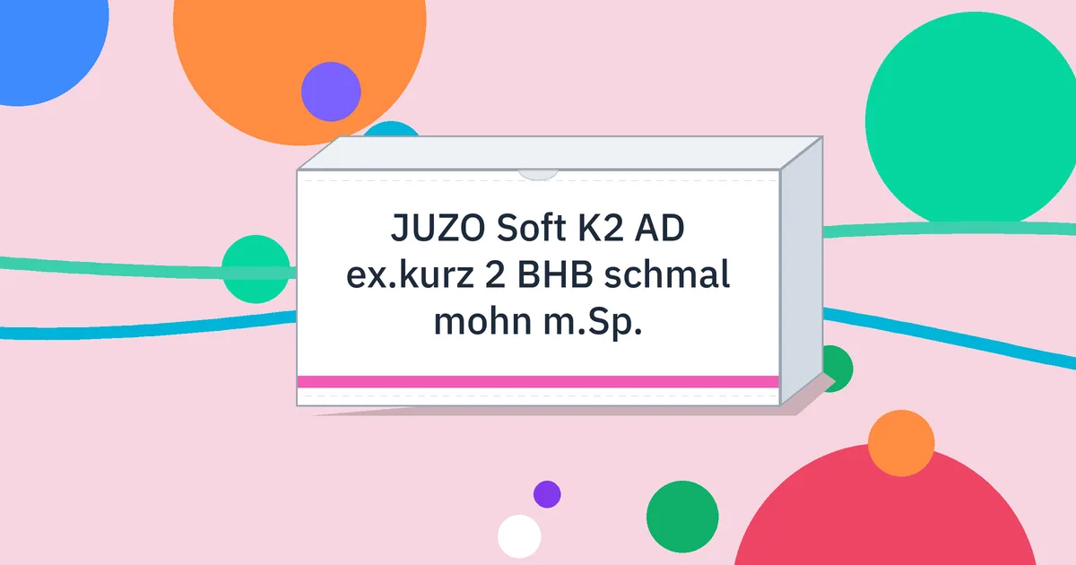 Symbolbild: Packung mit der Aufschrift JUZO Soft K2 AD ex.kurz 2 BHB schmal mohn m.Sp. (PZN 15466632) – Verfügbarkeit und Bezug in Apotheken in Frankfurt am Main