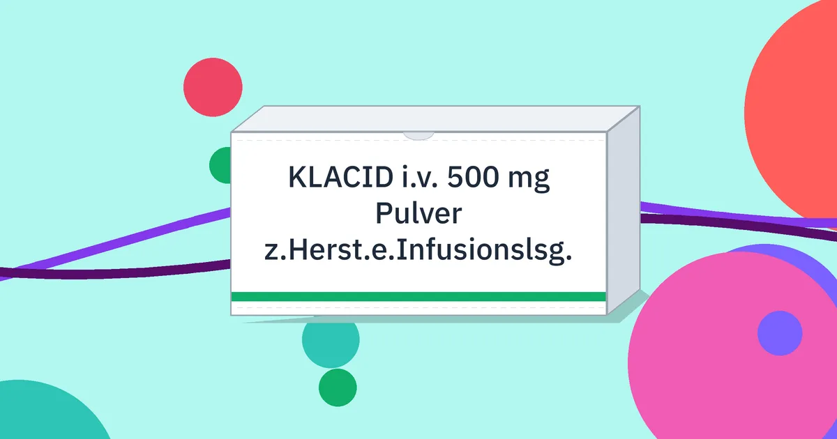 Symbolbild: Packung mit der Aufschrift KLACID i.v. 500 mg Pulver z.Herst.e.Infusionslsg. (PZN 02433878) – Verfügbarkeit und Bezug in Apotheken in Frankfurt am Main