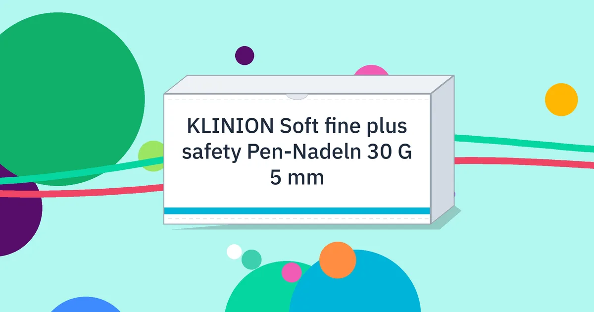 Symbolbild: Packung mit der Aufschrift KLINION Soft fine plus safety Pen-Nadeln 30 G 5 mm (PZN 19166588) – Verfügbarkeit und Bezug in Apotheken in Frankfurt am Main