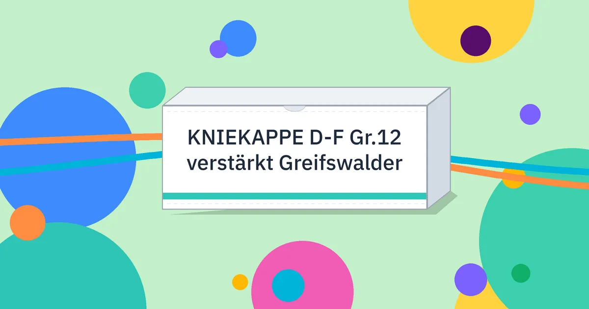 Symbolbild: Packung mit der Aufschrift KNIEKAPPE D-F Gr.12 verstärkt Greifswalder (PZN 01969803) – Verfügbarkeit und Bezug in Apotheken in Frankfurt am Main