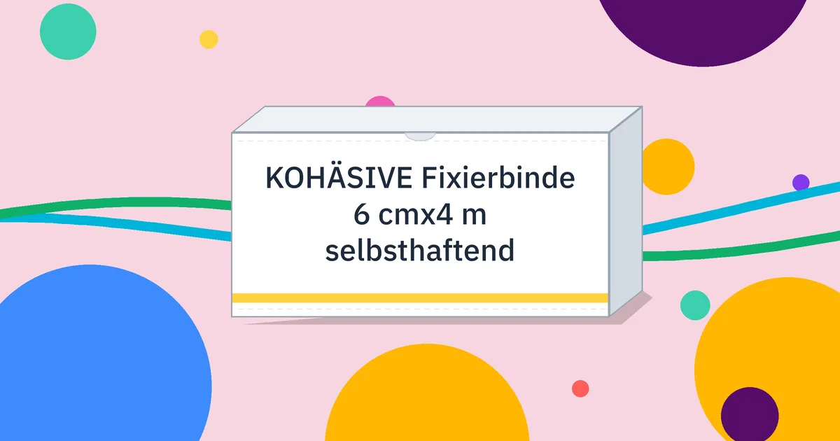 Symbolbild: Packung mit der Aufschrift KOHÄSIVE Fixierbinde 6 cmx4 m selbsthaftend (PZN 17542538) – Verfügbarkeit und Bezug in Apotheken in Frankfurt am Main