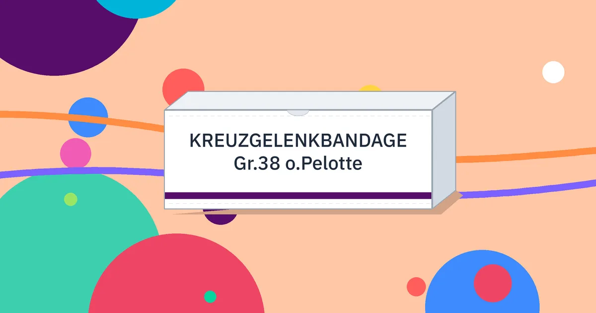 Symbolbild: Packung mit der Aufschrift KREUZGELENKBANDAGE Gr.38 o.Pelotte (PZN 04841771) – Verfügbarkeit und Bezug in Apotheken in Frankfurt am Main