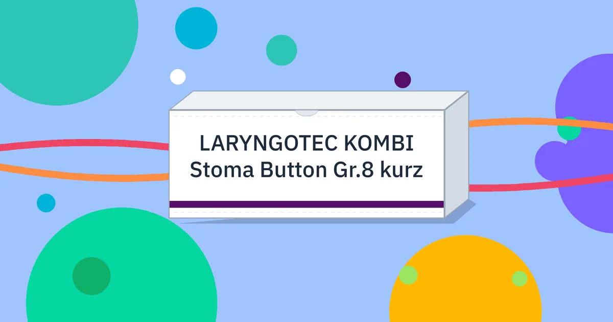 Symbolbild: Packung mit der Aufschrift LARYNGOTEC KOMBI Stoma Button Gr.8 kurz (PZN 01063072) – Verfügbarkeit und Bezug in Apotheken in Frankfurt am Main