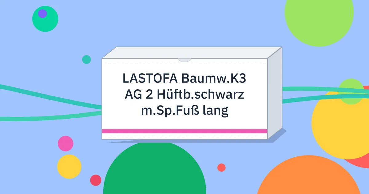 Symbolbild: Packung mit der Aufschrift LASTOFA Baumw.K3 AG 2 Hüftb.schwarz m.Sp.Fuß lang (PZN 01956143) – Verfügbarkeit und Bezug in Apotheken in Frankfurt am Main
