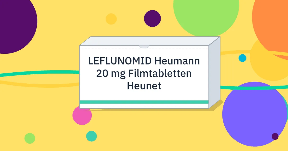 Symbolbild: Packung mit der Aufschrift LEFLUNOMID Heumann 20 mg Filmtabletten Heunet (PZN 16196703) – Verfügbarkeit und Bezug in Apotheken in Frankfurt am Main