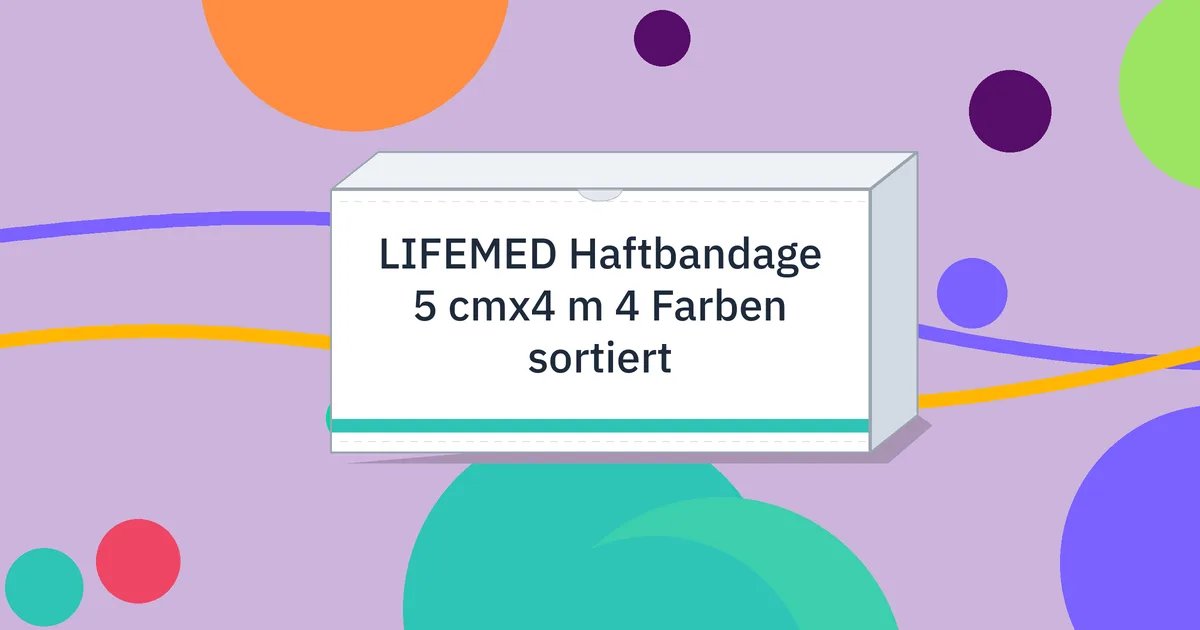 Symbolbild: Packung mit der Aufschrift LIFEMED Haftbandage 5 cmx4 m 4 Farben sortiert (PZN 19207904) – Verfügbarkeit und Bezug in Apotheken in Frankfurt am Main