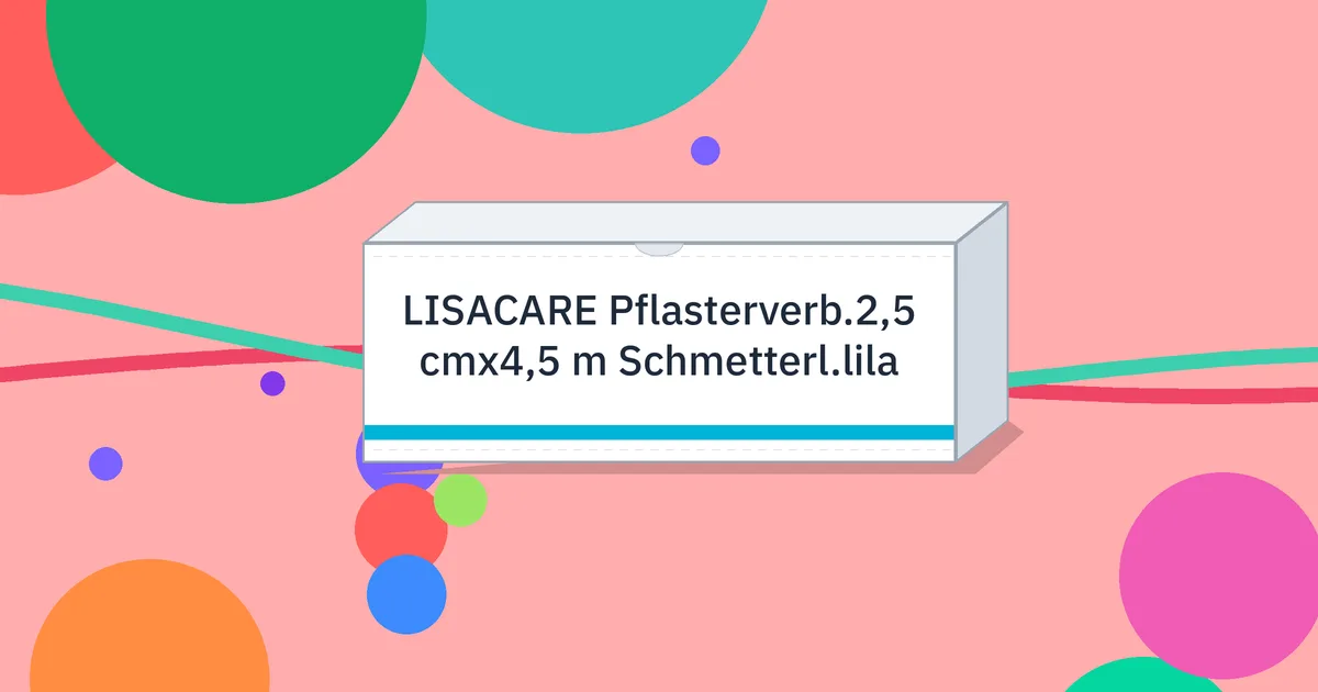 Symbolbild: Packung mit der Aufschrift LISACARE Pflasterverb.2,5 cmx4,5 m Schmetterl.lila (PZN 17891693) – Verfügbarkeit und Bezug in Apotheken in Frankfurt am Main