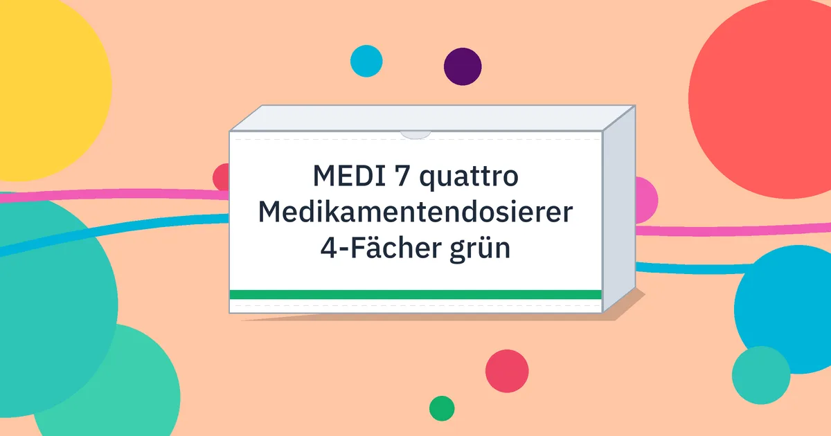 Symbolbild: Packung mit der Aufschrift MEDI 7 quattro Medikamentendosierer 4-Fächer grün (PZN 10527079) – Verfügbarkeit und Bezug in Apotheken in Frankfurt am Main