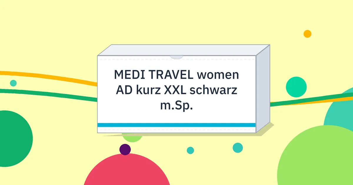 Symbolbild: Packung mit der Aufschrift MEDI TRAVEL women AD kurz XXL schwarz m.Sp. (PZN 07678076) – Verfügbarkeit und Bezug in Apotheken in Frankfurt am Main