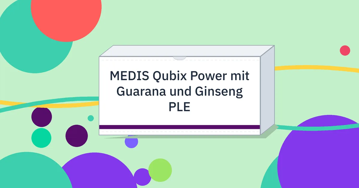 Symbolbild: Packung mit der Aufschrift MEDIS Qubix Power mit Guarana und Ginseng PLE (PZN 19557917) – Verfügbarkeit und Bezug in Apotheken in Frankfurt am Main