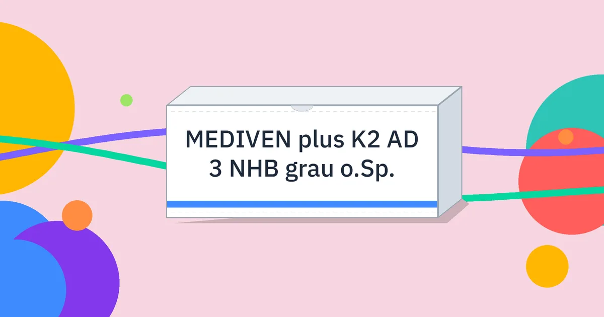 Symbolbild: Packung mit der Aufschrift MEDIVEN plus K2 AD 3 NHB grau o.Sp. (PZN 18946410) – Verfügbarkeit und Bezug in Apotheken in Frankfurt am Main