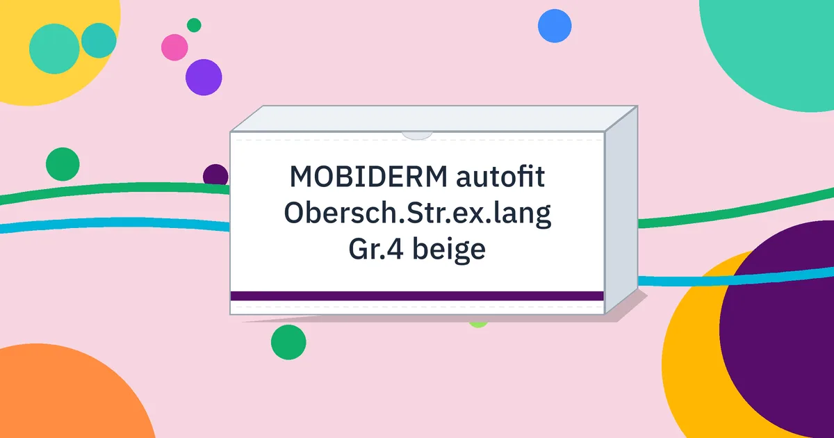 Symbolbild: Packung mit der Aufschrift MOBIDERM autofit Obersch.Str.ex.lang Gr.4 beige (PZN 13970266) – Verfügbarkeit und Bezug in Apotheken in Frankfurt am Main