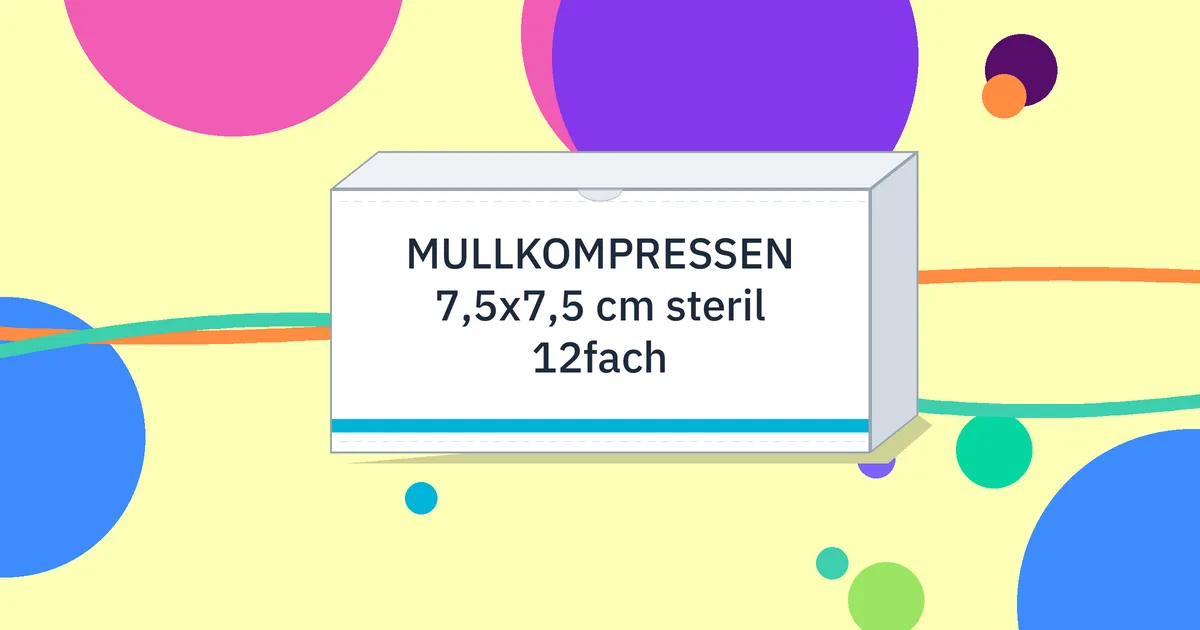Symbolbild: Packung mit der Aufschrift MULLKOMPRESSEN 7,5x7,5 cm steril 12fach (PZN 12349185) – Verfügbarkeit und Bezug in Apotheken in Frankfurt am Main