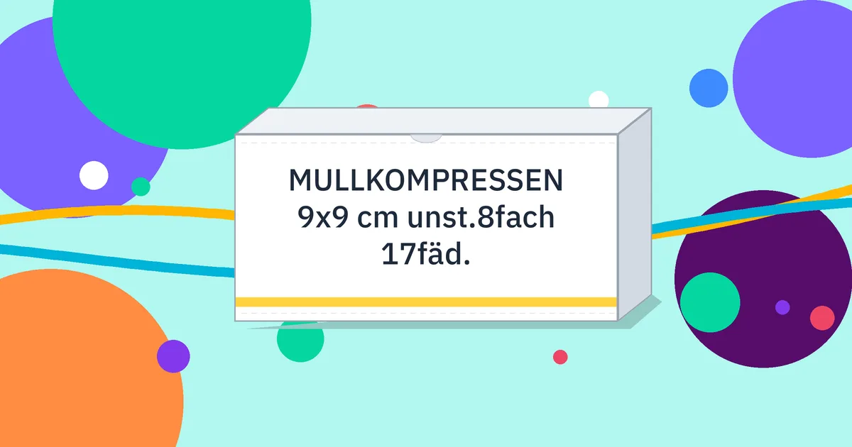 Symbolbild: Packung mit der Aufschrift MULLKOMPRESSEN 9x9 cm unst.8fach 17fäd. (PZN 06928536) – Verfügbarkeit und Bezug in Apotheken in Frankfurt am Main