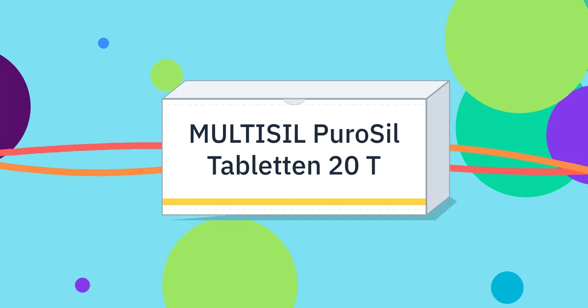 Symbolbild: Packung mit der Aufschrift MULTISIL PuroSil Tabletten 20 T (PZN 15396989) – Verfügbarkeit und Bezug in Apotheken in Frankfurt am Main