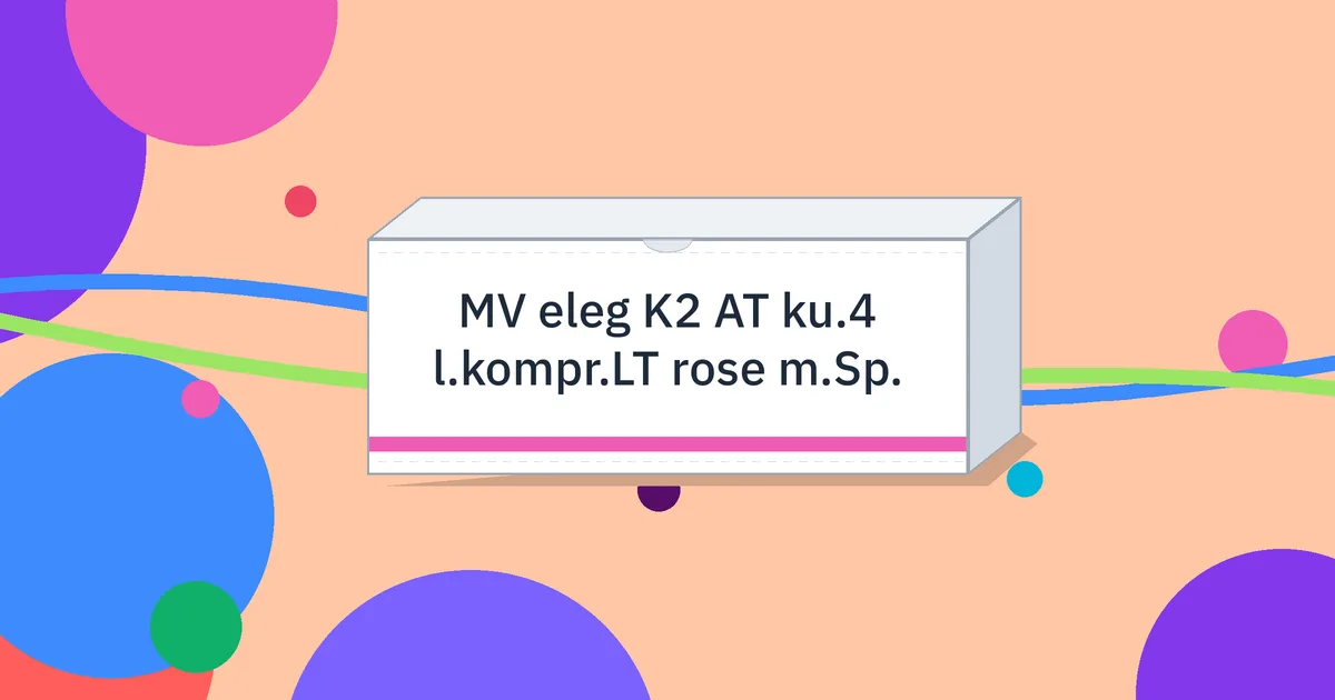 Symbolbild: Packung mit der Aufschrift MV eleg K2 AT ku.4 l.kompr.LT rose m.Sp. (PZN 14691580) – Verfügbarkeit und Bezug in Apotheken in Frankfurt am Main