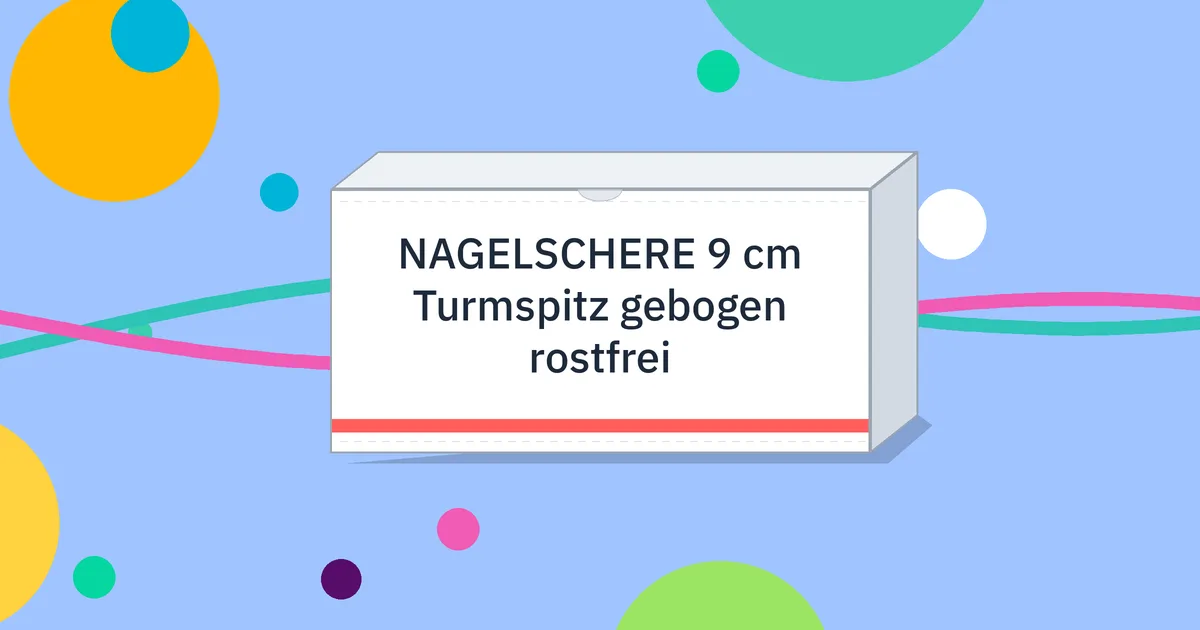 Symbolbild: Packung mit der Aufschrift NAGELSCHERE 9 cm Turmspitz gebogen rostfrei (PZN 17287158) – Verfügbarkeit und Bezug in Apotheken in Frankfurt am Main