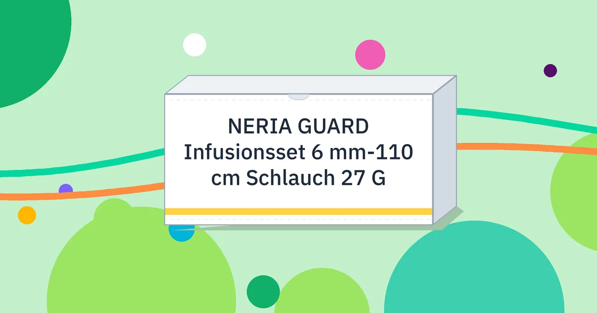 Symbolbild: Packung mit der Aufschrift NERIA GUARD Infusionsset 6 mm-110 cm Schlauch 27 G (PZN 19365135) – Verfügbarkeit und Bezug in Apotheken in Frankfurt am Main