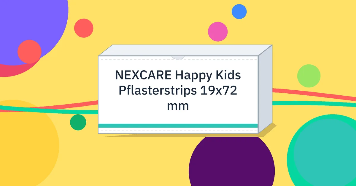 Symbolbild: Packung mit der Aufschrift NEXCARE Happy Kids Pflasterstrips 19x72 mm (PZN 16316917) – Verfügbarkeit und Bezug in Apotheken in Frankfurt am Main