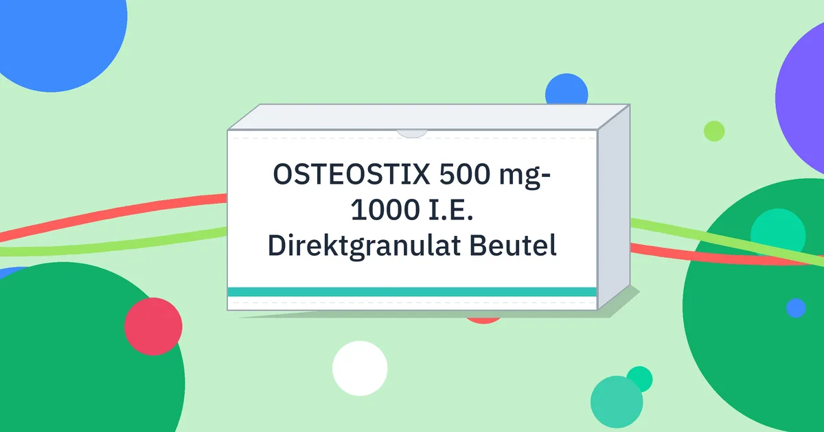 Symbolbild: Packung mit der Aufschrift OSTEOSTIX 500 mg-1000 I.E. Direktgranulat Beutel (PZN 20195141) – Verfügbarkeit und Bezug in Apotheken in Frankfurt am Main