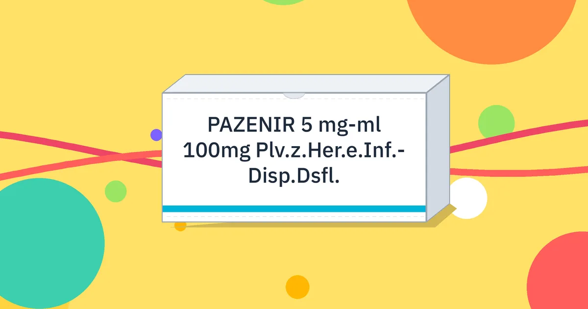 Symbolbild: Packung mit der Aufschrift PAZENIR 5 mg-ml 100mg Plv.z.Her.e.Inf.-Disp.Dsfl. (PZN 19420302) – Verfügbarkeit und Bezug in Apotheken in Frankfurt am Main