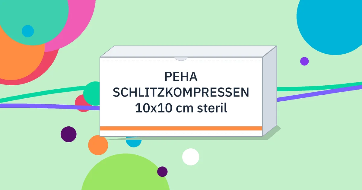 Symbolbild: Packung mit der Aufschrift PEHA SCHLITZKOMPRESSEN 10x10 cm steril (PZN 19851203) – Verfügbarkeit und Bezug in Apotheken in Frankfurt am Main