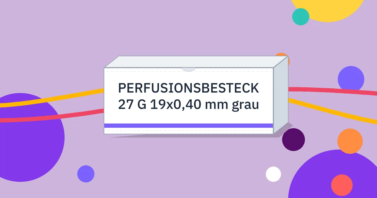 Symbolbild: Packung mit der Aufschrift PERFUSIONSBESTECK 27 G 19x0,40 mm grau (PZN 13846543) – Verfügbarkeit und Bezug in Apotheken in Frankfurt am Main