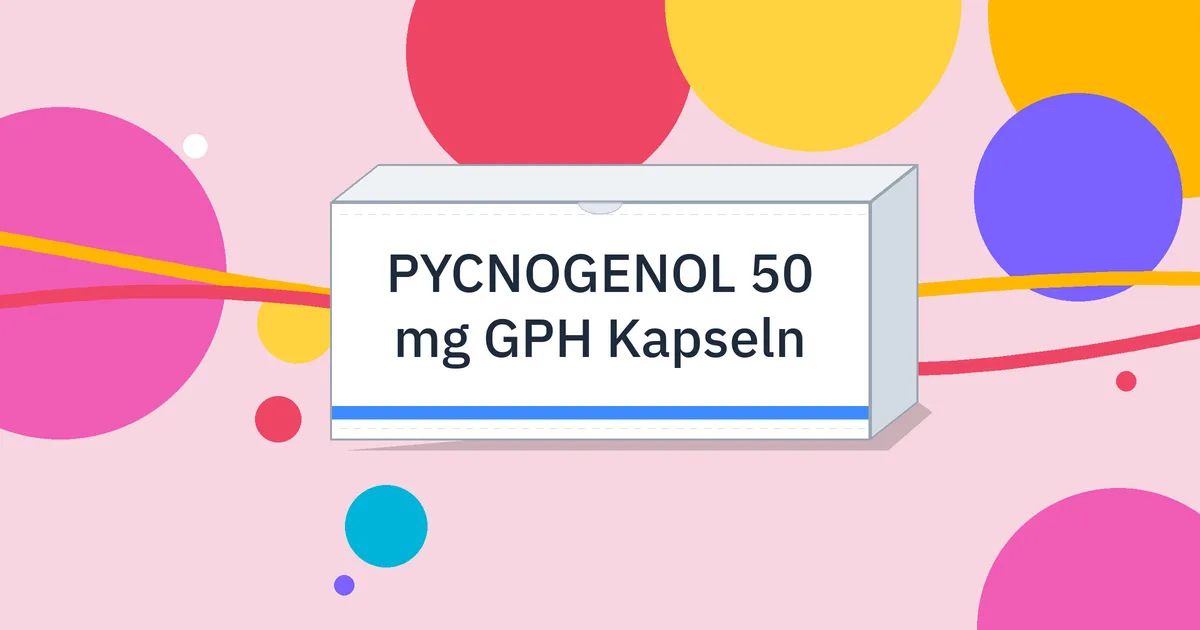 Symbolbild: Packung mit der Aufschrift PYCNOGENOL 50 mg GPH Kapseln (PZN 09188034) – Verfügbarkeit und Bezug in Apotheken in Frankfurt am Main