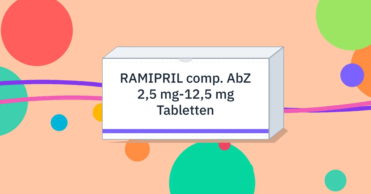 Symbolbild: Packung mit der Aufschrift RAMIPRIL comp. AbZ 2,5 mg-12,5 mg Tabletten (PZN 01755752) – Verfügbarkeit und Bezug in Apotheken in Frankfurt am Main