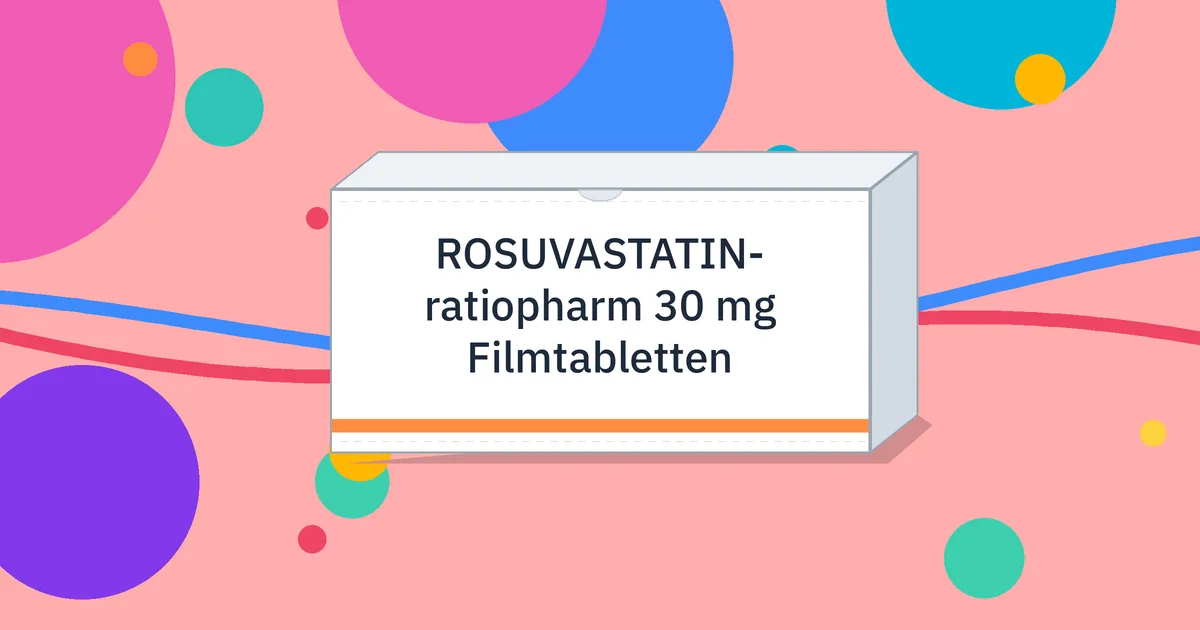 Symbolbild: Packung mit der Aufschrift ROSUVASTATIN-ratiopharm 30 mg Filmtabletten (PZN 18652186) – Verfügbarkeit und Bezug in Apotheken in Frankfurt am Main