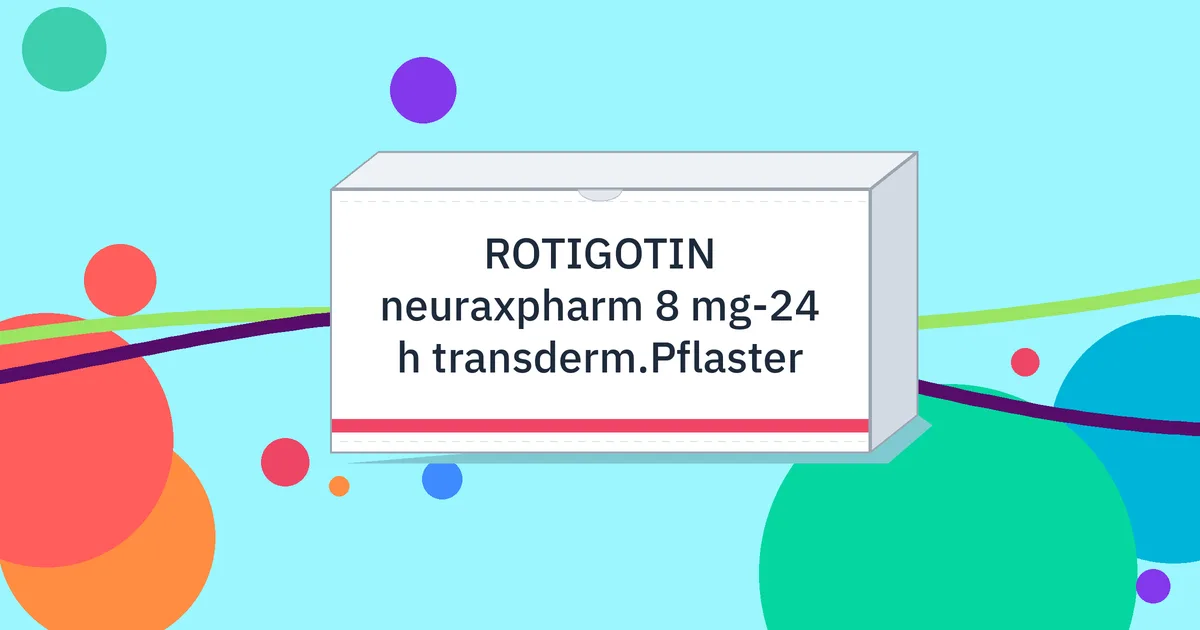 Symbolbild: Packung mit der Aufschrift ROTIGOTIN neuraxpharm 8 mg-24 h transderm.Pflaster (PZN 18369929) – Verfügbarkeit und Bezug in Apotheken in Frankfurt am Main