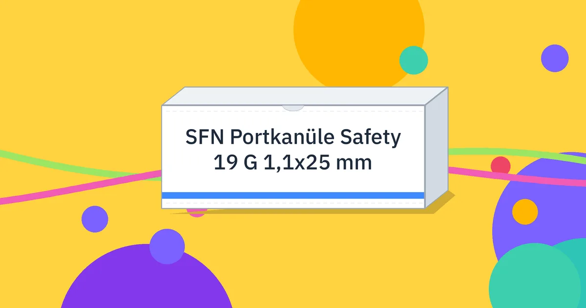 Symbolbild: Packung mit der Aufschrift SFN Portkanüle Safety 19 G 1,1x25 mm (PZN 07781609) – Verfügbarkeit und Bezug in Apotheken in Frankfurt am Main