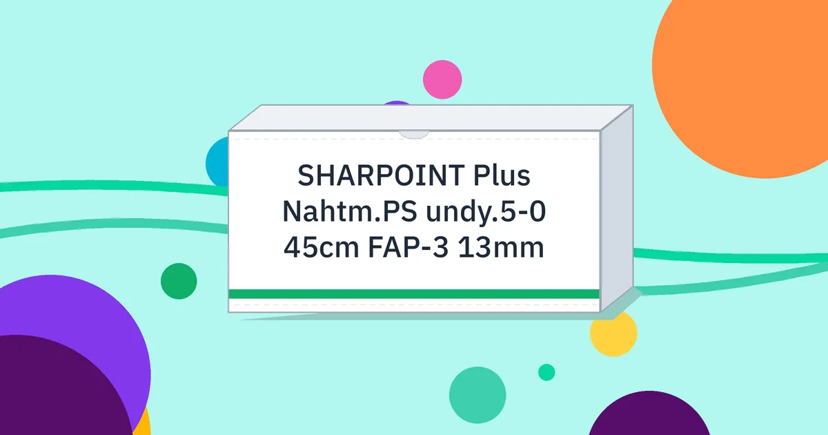 Symbolbild: Packung mit der Aufschrift SHARPOINT Plus Nahtm.PS undy.5-0 45cm FAP-3 13mm (PZN 17996156) – Verfügbarkeit und Bezug in Apotheken in Frankfurt am Main