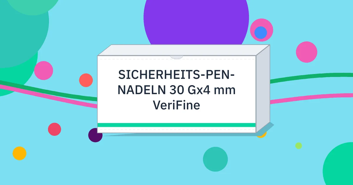 Symbolbild: Packung mit der Aufschrift SICHERHEITS-PEN-NADELN 30 Gx4 mm VeriFine (PZN 17376560) – Verfügbarkeit und Bezug in Apotheken in Frankfurt am Main