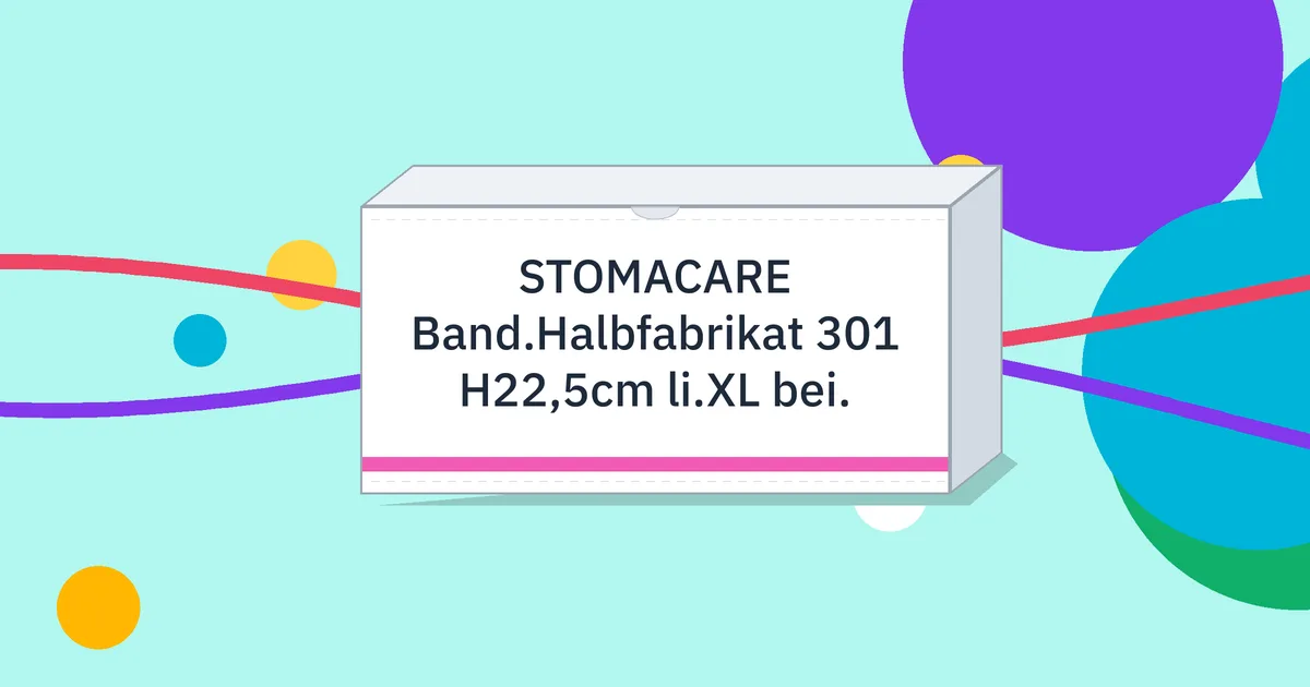 Symbolbild: Packung mit der Aufschrift STOMACARE Band.Halbfabrikat 301 H22,5cm li.XL bei. (PZN 07664312) – Verfügbarkeit und Bezug in Apotheken in Frankfurt am Main