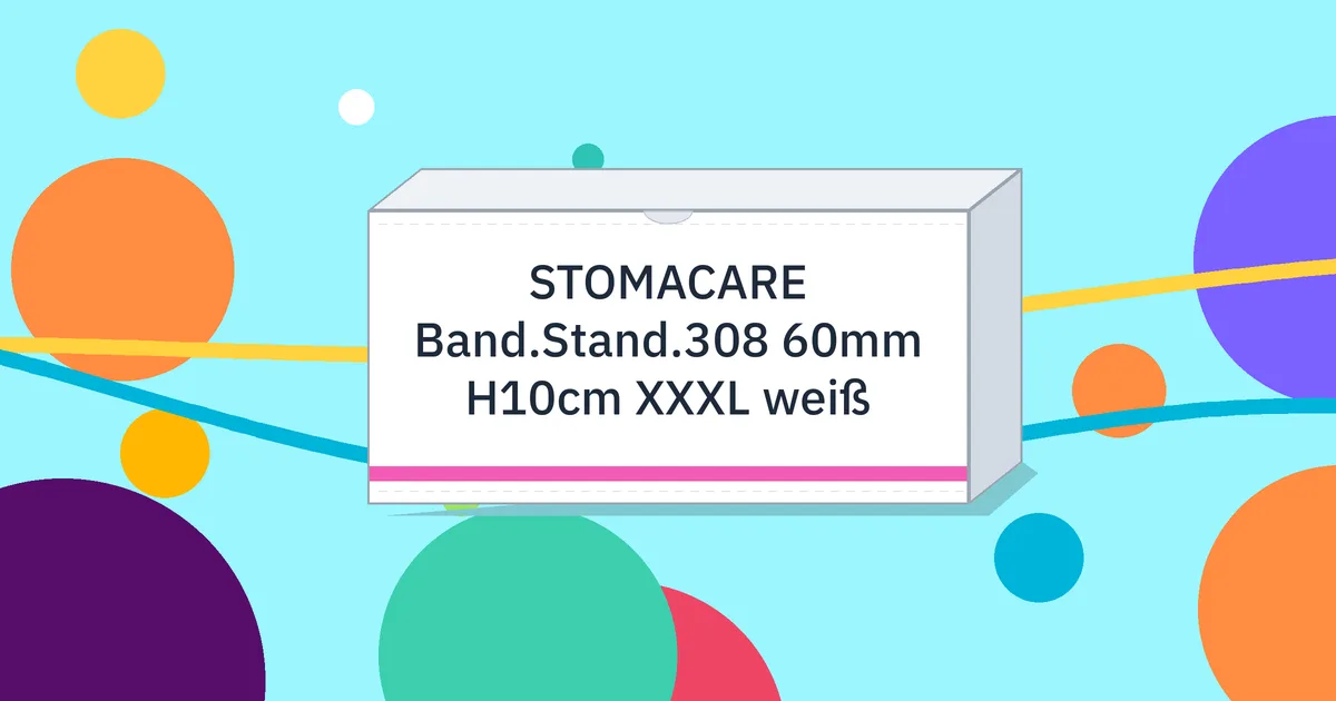 Symbolbild: Packung mit der Aufschrift STOMACARE Band.Stand.308 60mm H10cm XXXL weiß (PZN 01053582) – Verfügbarkeit und Bezug in Apotheken in Frankfurt am Main
